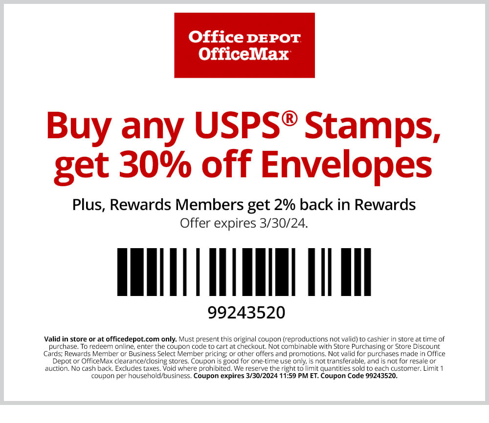 Buy any USPS Stamps, get 30% off Envelopes