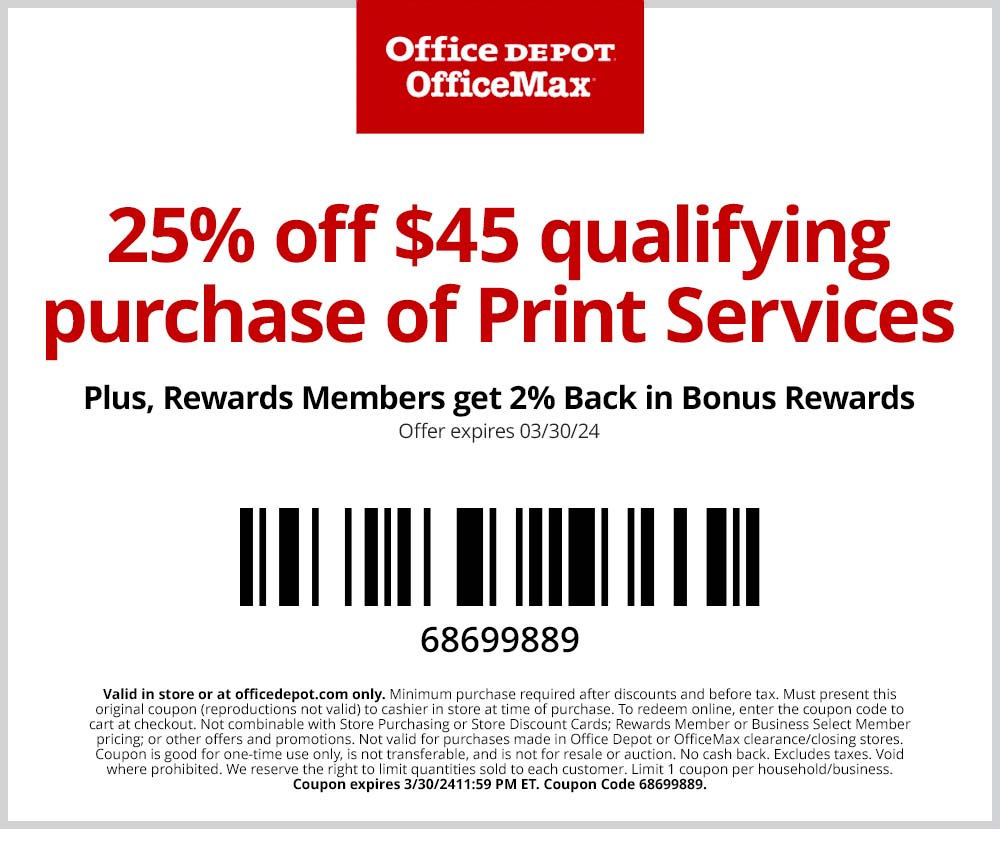 25% off $45 qualifying purchase of Print Services