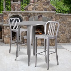 Flash Furniture Commercial Grade Round Metal IndoorOutdoor Bar Table Set With 2 Vertical Slat Back Stools Silver Office Depot