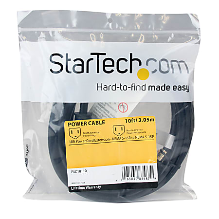 StarTech.com 10ft 3m Power Extension Cord NEMA5 15R to NEMA5 15P Black Extension Cord 13A 125V ...
