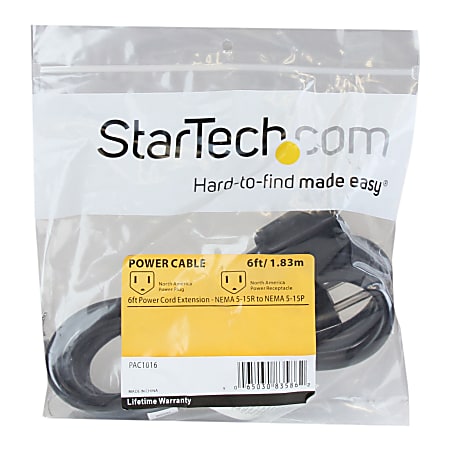 StarTech.com Power Extension Cable 125V AC 15A 6ft Black Extend your ...