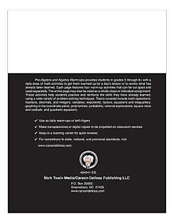 Mark Twain Media Pre Algebra And Algebra Warm Ups Workbook Grades 5 12 ...