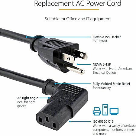 StarTech.com 3 ft Computer Power Cord NEMA 5 15P to Right Angle C13 ...