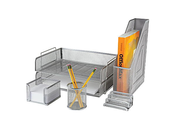 OfficeMax 6 Piece Mesh Desk Accessory Set Silver - Office Depot