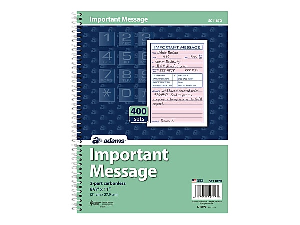 Adams Phone Message Book 11 x 8 14 100 Pages WhiteCanary Yellow ...
