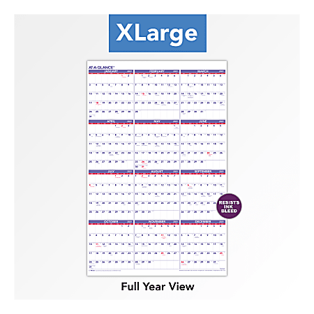 AT A GLANCE Yearly Wall Calendar 24 x 36 BlueRedWhite January To ...