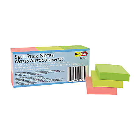 Redi-Tag Self-Stick Notes, 1 1/2" x 2", Assorted Neon Colors, 100 ...