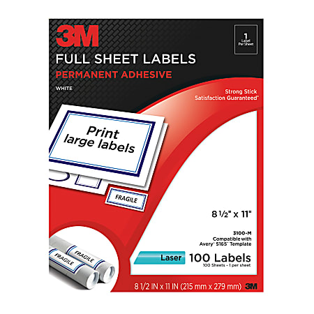3M™ White Laser Permanent Full-Sheet Labels, 3100-M, 8 1/2" x 11", Pack ...