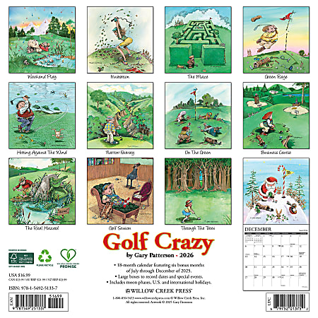 2026 Willow Creek Press Sports Monthly Wall Calendar 12 x 12 Golf Crazy ...