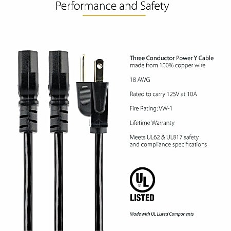 StarTech.com 10 ft Computer Power Cord NEMA 5 15P to 2x C13 C13 Y Cable ...