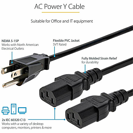 StarTech.com 10 ft Computer Power Cord NEMA 5 15P to 2x C13 C13 Y Cable ...
