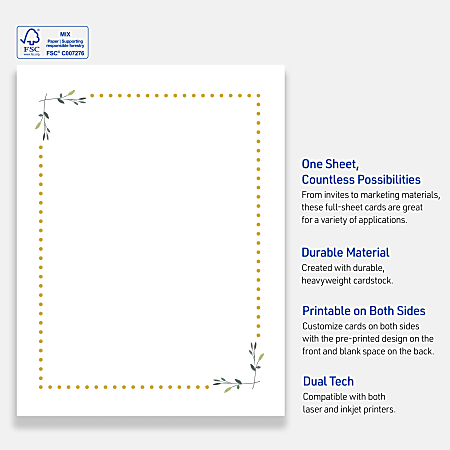 Avery Printable Cards 8 12 x 11 Matte White With Gold DotsGreen Floral ...