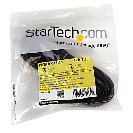 StarTech.com 12ft 3.6m Computer Power Cord NEMA 5 15P to C13 10A 125V ...