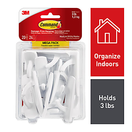 Command Medium Utility Hooks 20 Hooks 24 White Adhesive Strips Damage ...
