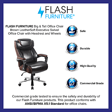 Flash Furniture Hercules Big Tall Ergonomic LeatherSoft Faux Leather Office Chair With Height Adjustable Headrest Brown Gray