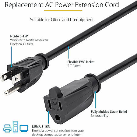 StarTech.com 1ft 0.3m Short Extension Cord NEMA5 15R to NEMA5 15P Black Extension Cord 13A 125V ...