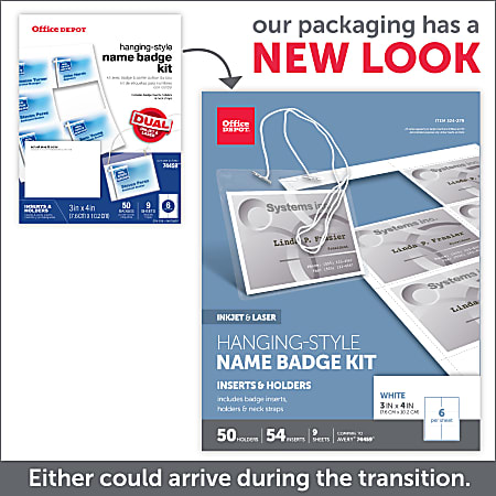 Office Depot Brand Name Badge Kit Hanging Style Convention Size 3 x 4 ...