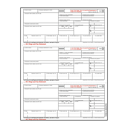 W 2 Wage And Tax Statement Three Down Style Employers Copies 30percent ...