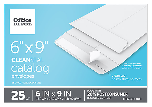 Office Depot Brand 6 x 9 Catalog Envelopes Clean Seal White Box Of 25 ...
