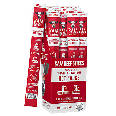 Baja Beef Sticks, Hot Sauce, 1 Oz, Box Of 16 Sticks