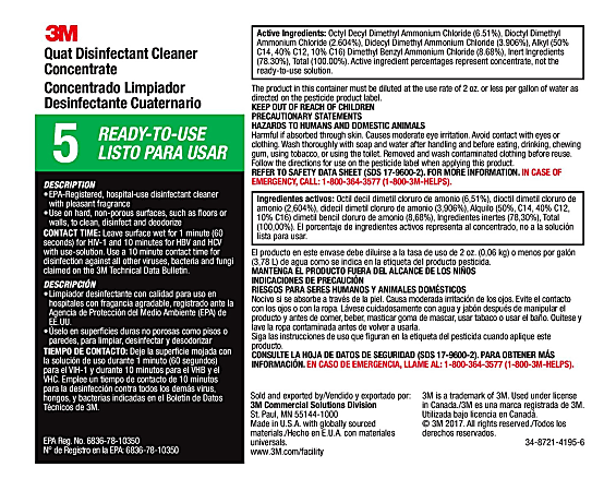 3M™ 5L Quat Disinfectant Cleaner Concentrate, 67.6 Oz Bottle, Case Of 6