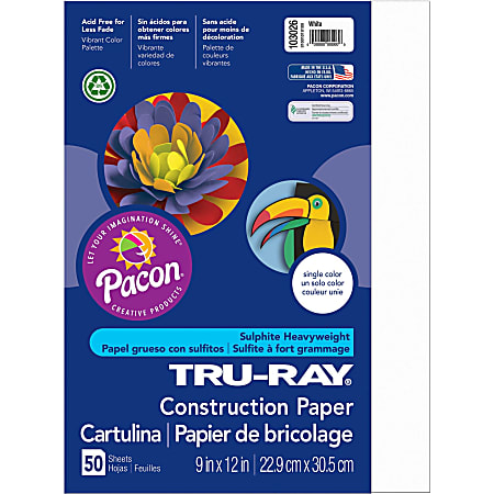 Tru Ray Construction Paper 50percent Recycled 9 x 12 White Pack Of 50 ...