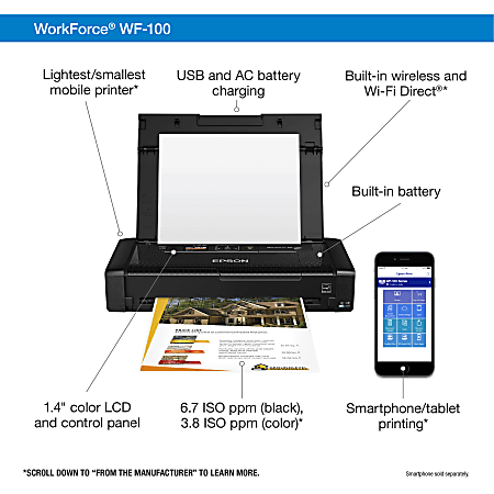 Epson WorkForce WF 100 Wireless Inkjet Color Printer Office Depot