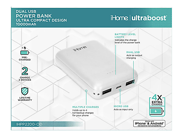 iHome Ultra Compact 10000mAh Power Bank White - Office Depot