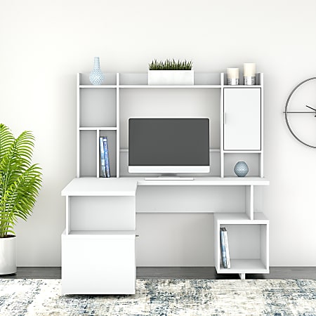 kathy ireland Home by Bush Furniture Madison Avenue 60 W L Shaped Desk With Hutch Pure White Standard Delivery Office Depot