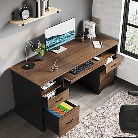 Bestier 59 W Double Pedestal Executive Computer Desk With Open Storage Drawer Cherry Office Depot