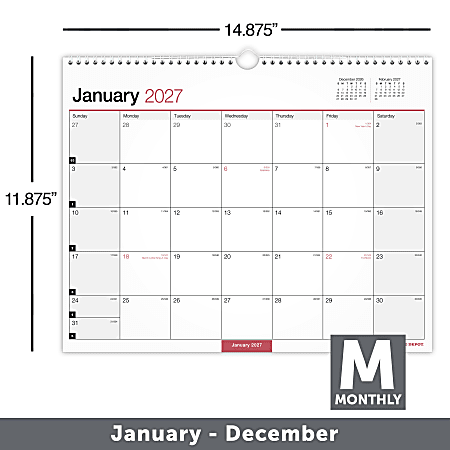 Office Depot Brand Monthly Wall Calendar 15 x 12 White January 2027 to ...