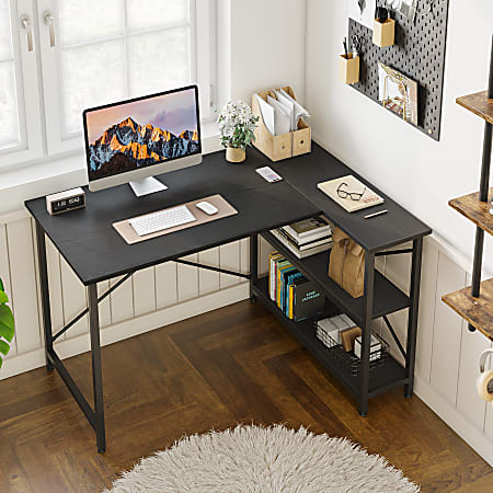 Bestier L Shaped Corner Desk With Storage Shelf 48 W Grained Black ...