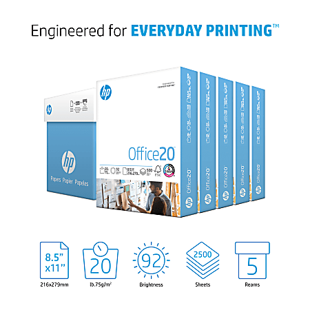 HP Office20 Printer Copy Paper 5 Reams White Letter 8.5 x 11 2500 ...