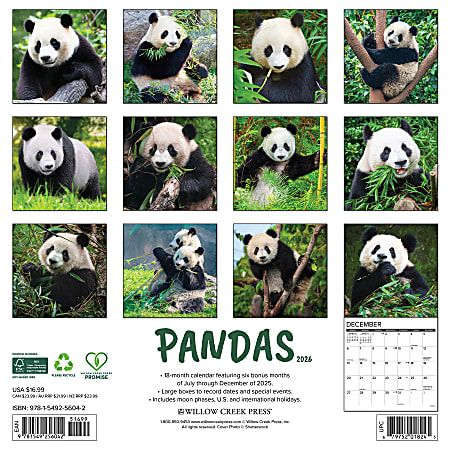 2026 Willow Creek Press Animals Monthly Wall Calendar 12 x 12 Pandas ...