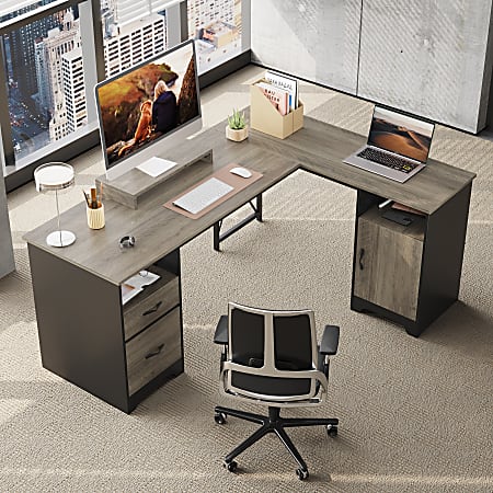 Bestier 63 W L Shaped Corner Computer Desk With Monitor Stand Open ...