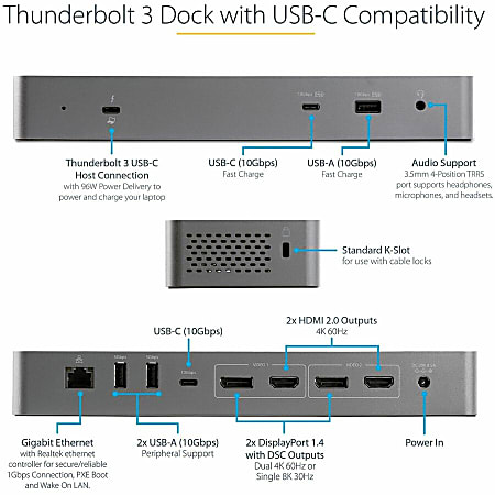 StarTech.com Thunderbolt 3 Dock wUSB C Host Compatibility Dual 4K 60Hz DP 1.4 or HDMI TB3USB C ...