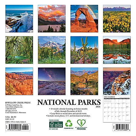2026 Willow Creek Press Monthly Mini Wall Calendar 7 x 7 National Parks ...