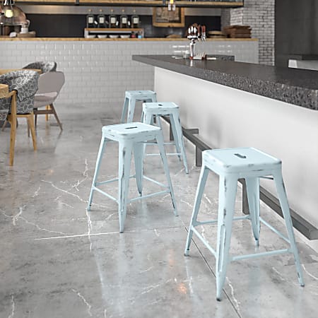 Flash Furniture Commercial Grade Distressed Metal Counter Stool Teal ODP Business Solutions