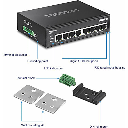 TRENDnet 8 Port Hardened Industrial Gigabit DIN Rail Switch TI G80 16 ...