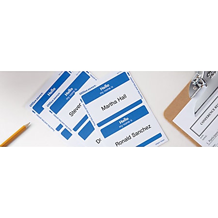 Office Depot Brand Hello Name Badge Labels 2 1132 x 3 38 Blue Border ...