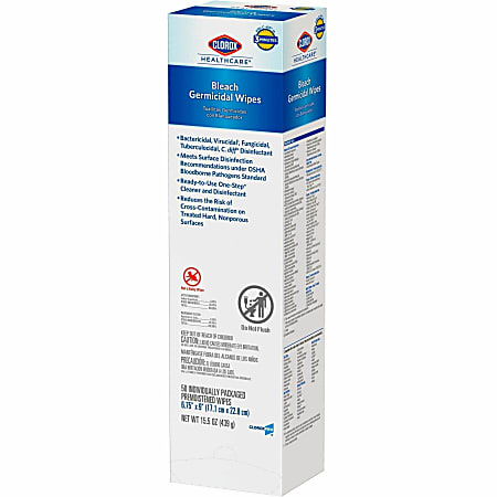 Clorox Healthcare Bleach Germicidal Wipes, 6-3/4” x 9”, White, 50 ...