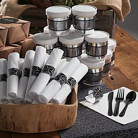 CaterWrap Pre Rolled Cutlery Silver Swirl Linen Like Napkin BlackWhite ...