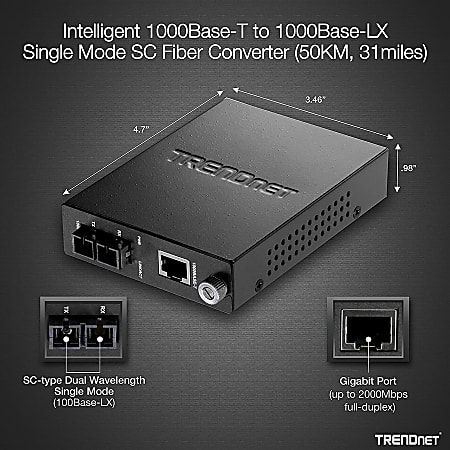 TRENDnet 1000Mase T to 1000 Base LX Single Mode Fiber Converter50KM New ...