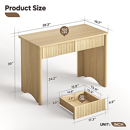 Bestier 40 W Rectangular 2 Drawer Wood Fluted Computer Desk Natural ...