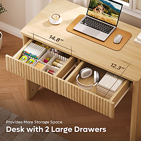 Bestier 40 W Rectangular 2 Drawer Wood Fluted Computer Desk Natural ...