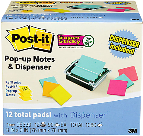 Post it Super Sticky Pop Up Notes with Black Dispenser 3 in x 3 in 12 ...