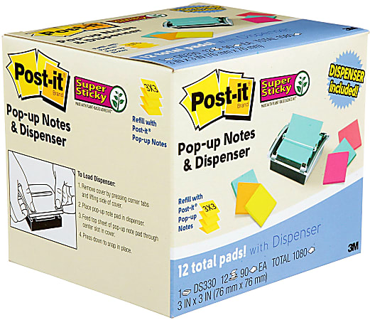 Post it Super Sticky Pop Up Notes with Black Dispenser 3 in x 3 in 12 ...