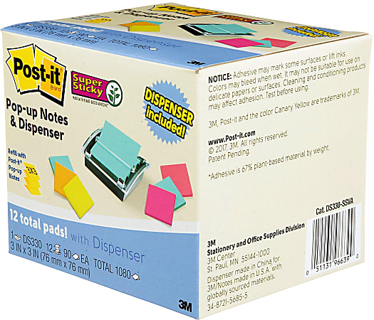 Post it Super Sticky Pop Up Notes with Black Dispenser 3 in x 3 in 12 ...