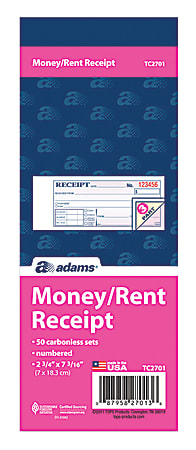 Adams MoneyRent Receipt Books 7 316 x 2 34 3 Part Carbonless 50 Set ...