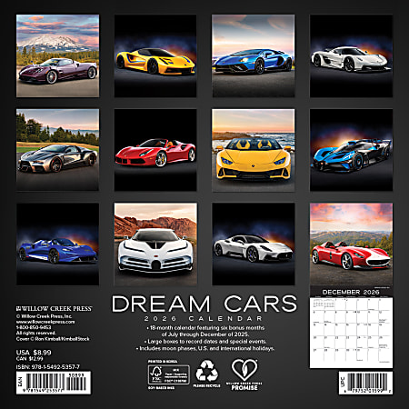 2026 Willow Creek Press Monthly Mini Wall Calendar 7 x 7 Dream Cars ...
